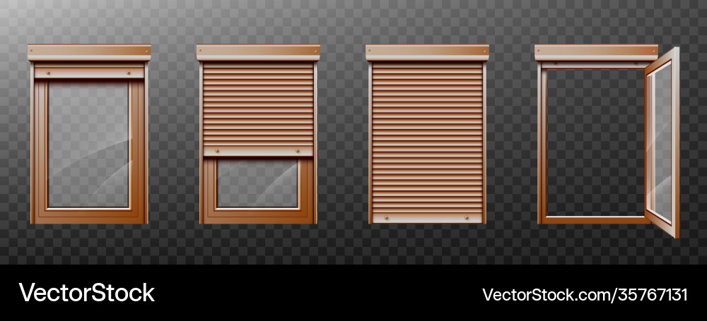 Brown window with roller shutter up and close set Vector Image