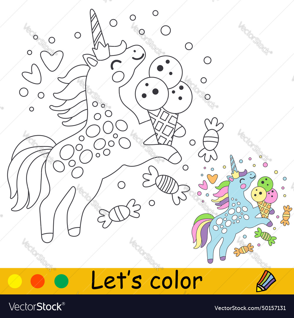 Unicorn with an ice cream coloring pages for kids Vector Image