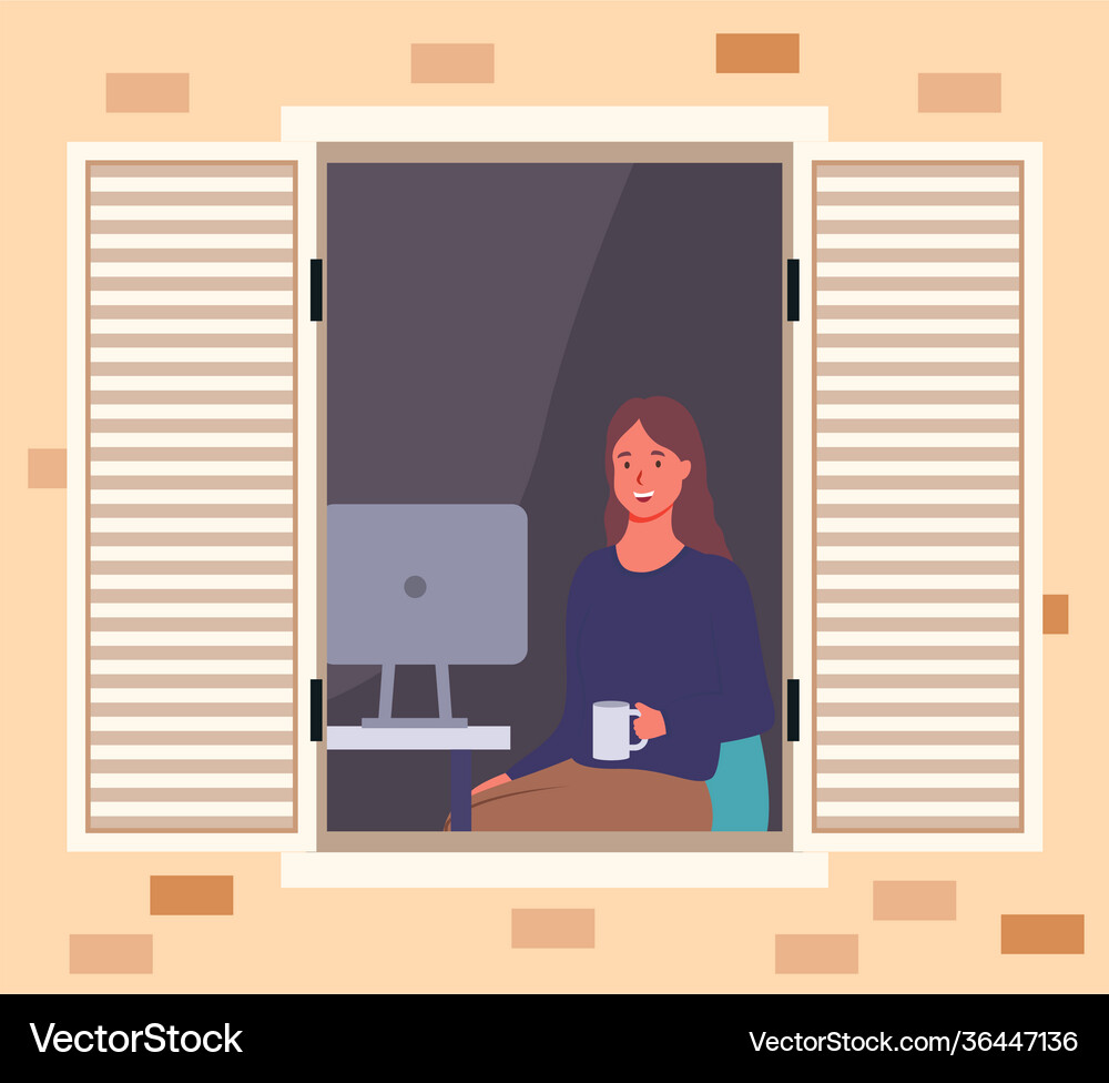 Girl next to computer looks out window Royalty Free Vector