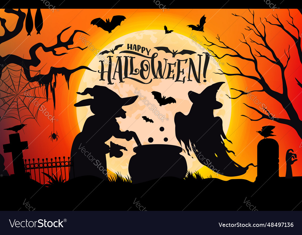 Halloween witch cauldron and ghost silhouettes Vector Image
