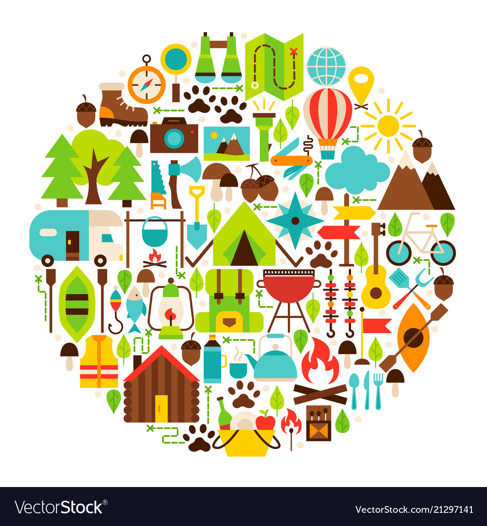 Camping flat objects circle Royalty Free Vector Image