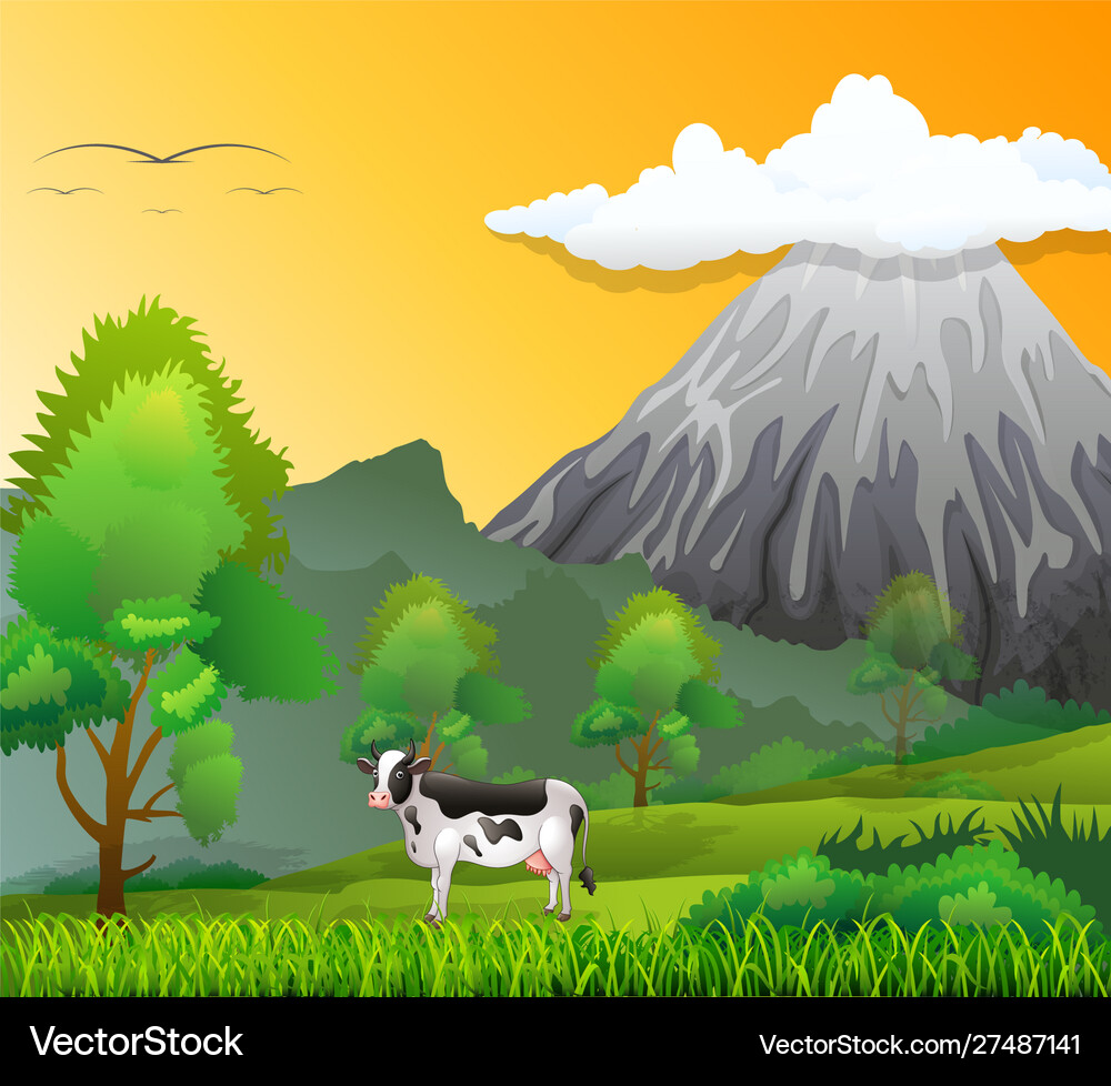 Cartoon cute cow scenery beautiful Royalty Free Vector Image