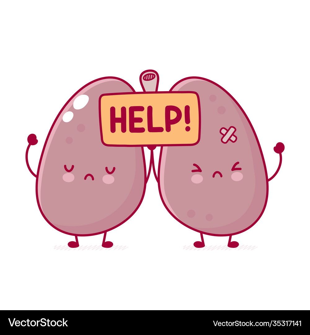 Cute sad sick human lungs organ character Vector Image
