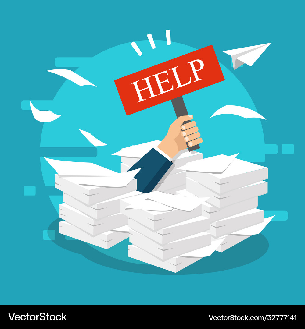 Overworked businessman under a paper pile Vector Image