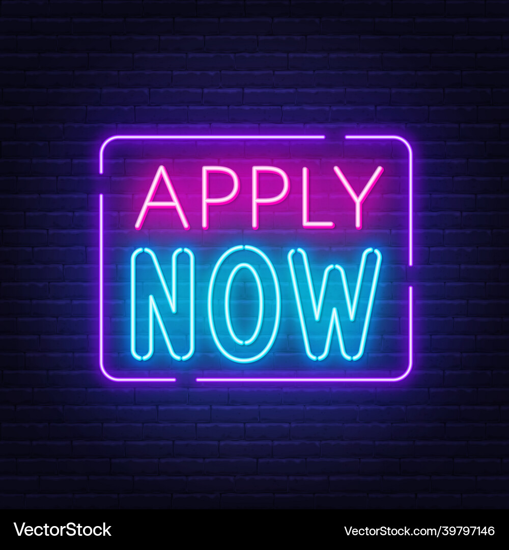 Apply now neon sign on a brick wall background Vector Image