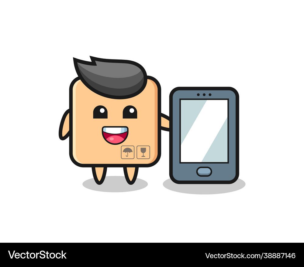 Cardboard box cartoon holding a smartphone Vector Image
