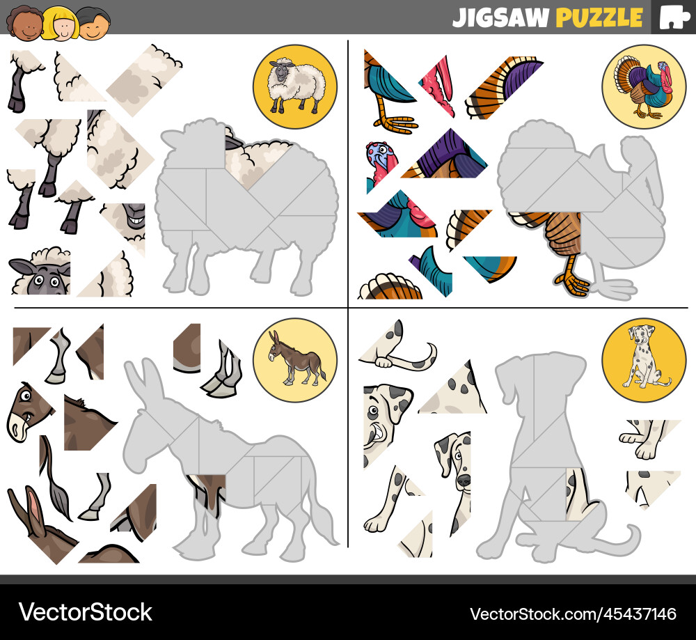 Jigsaw puzzle tasks set with funny cartoon animals