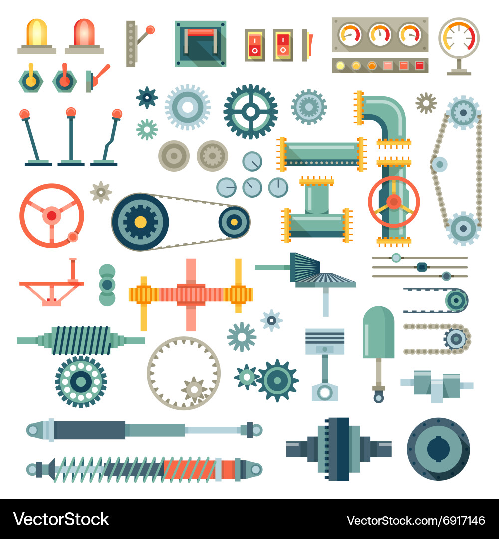 Parts machinery flat icons set Royalty Free Vector Image