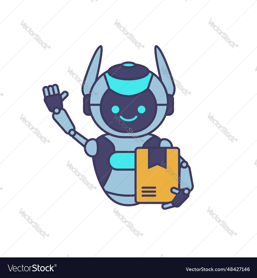 Robot mascot delivering package carrying Vector Image