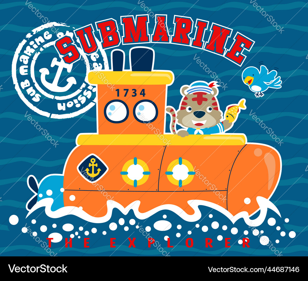 Submarine cartoon with funny captain cat Vector Image
