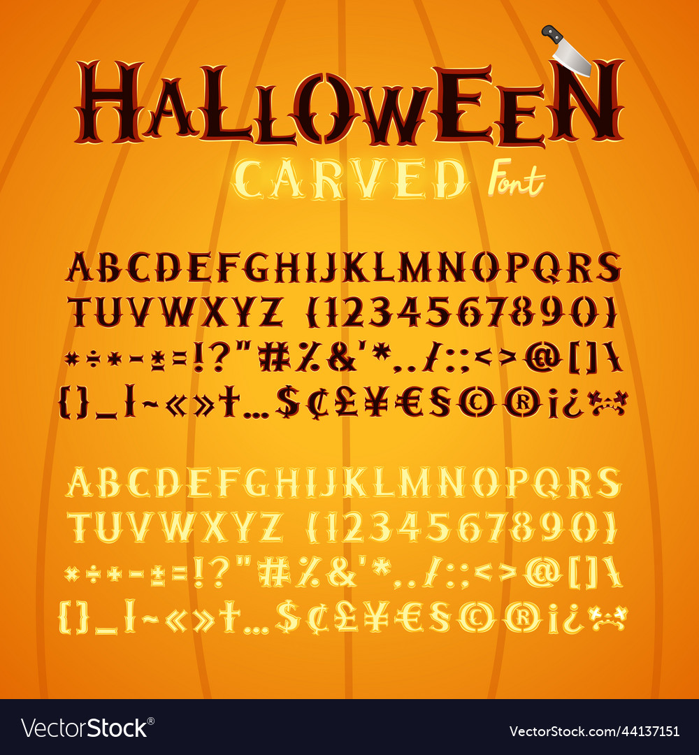 Carved halloween pumpkin font Royalty Free Vector Image