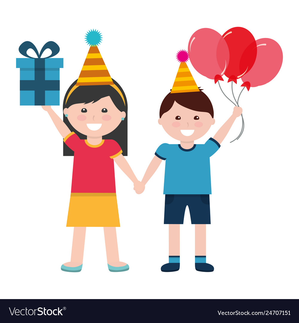 Cute boy and girl with birthday gift and balloons Vector Image