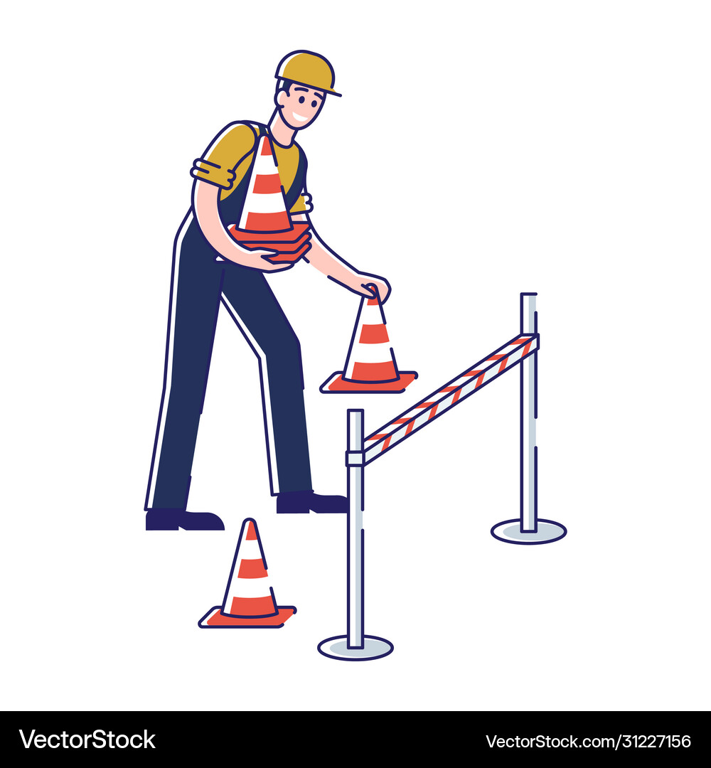 Concept of road works man is setting warning Vector Image