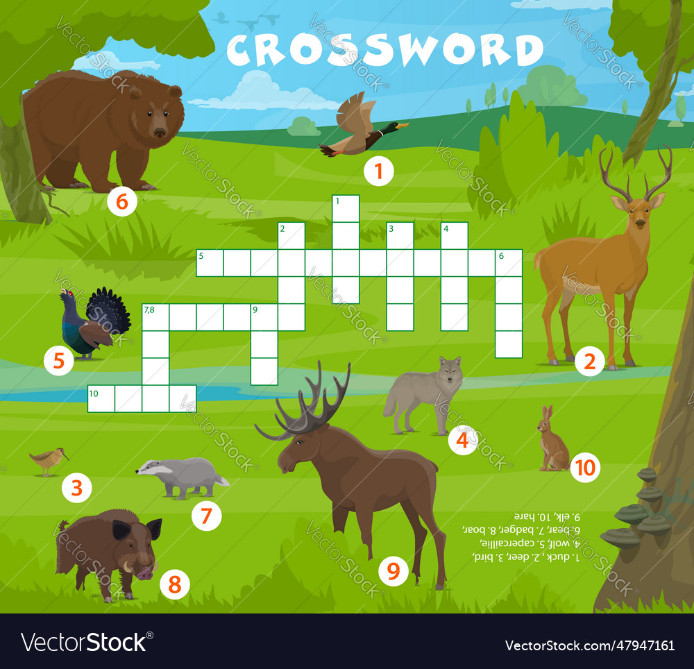 Crossword quiz game with forest animals and birds Vector Image