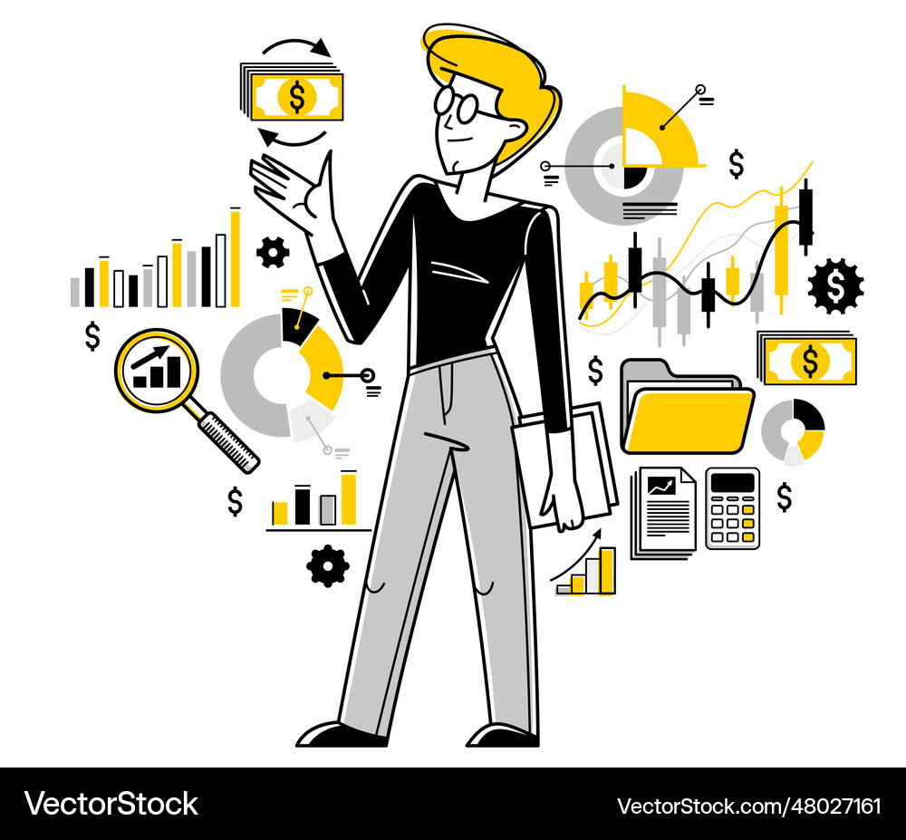 Financier working with charts and bars outline Vector Image