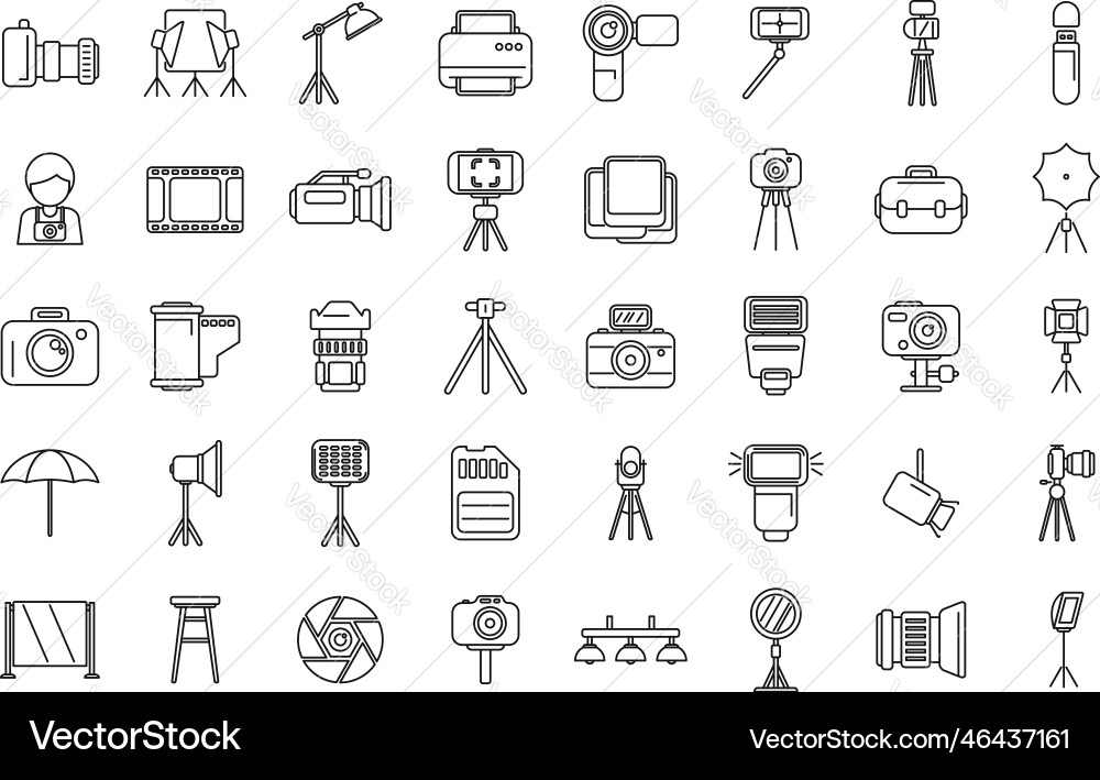 Photo studio icons set outline camera card Vector Image