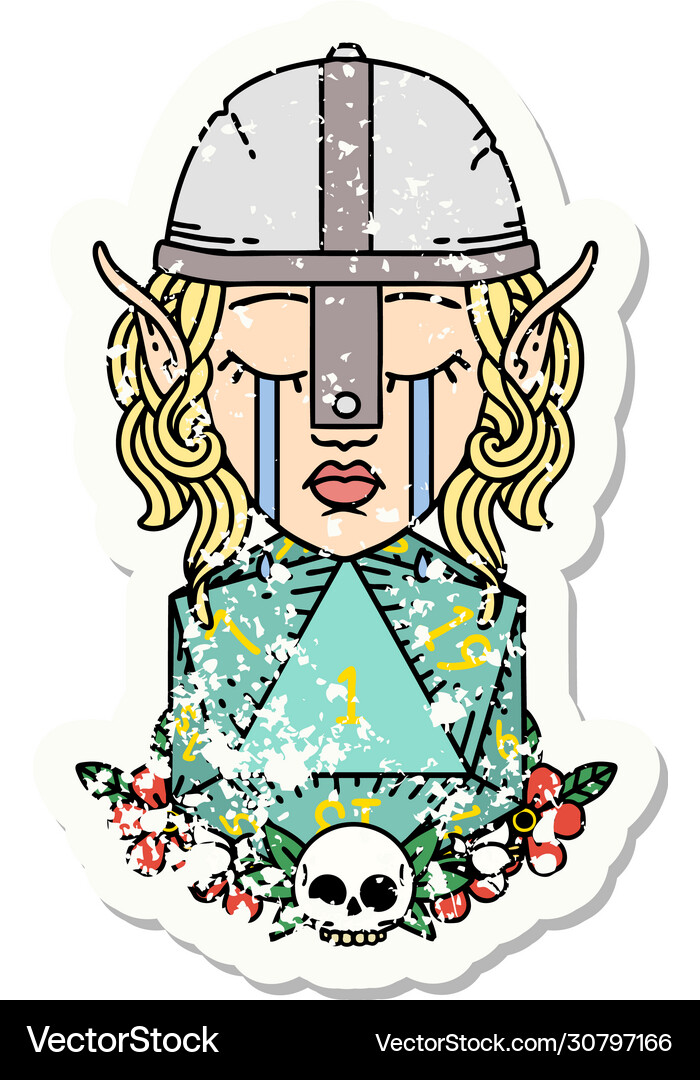 Sad elf fighter character with natural one d20 Vector Image