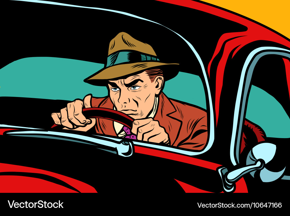 Serious retro man driving a car Royalty Free Vector Image