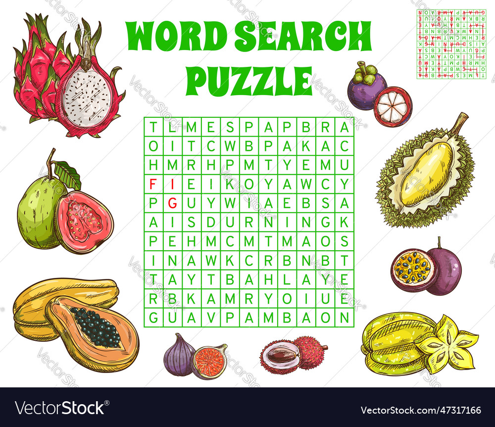 Tropical raw fruits word search puzzle worksheet Vector Image