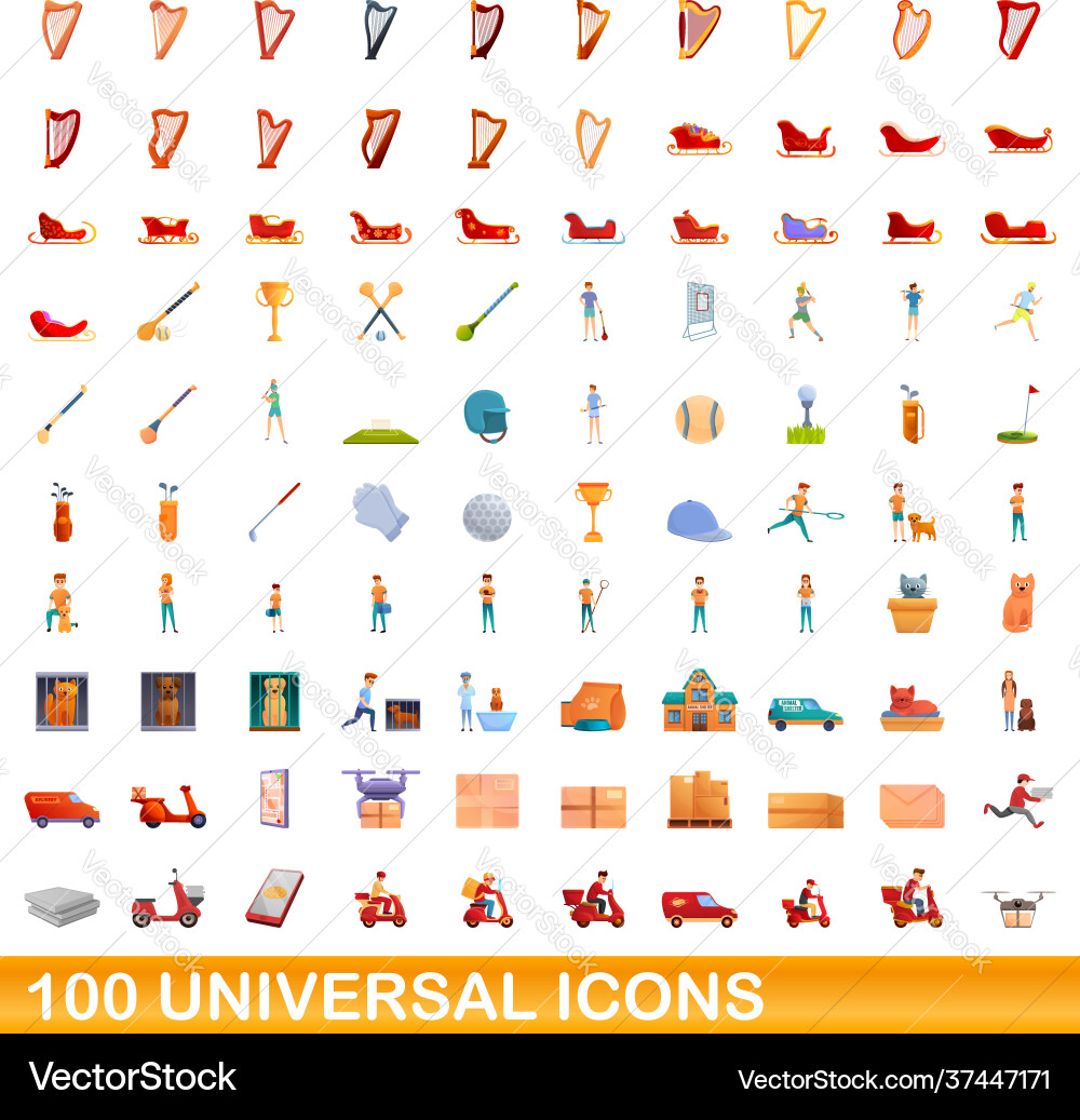 100 universal icons set cartoon style Royalty Free Vector