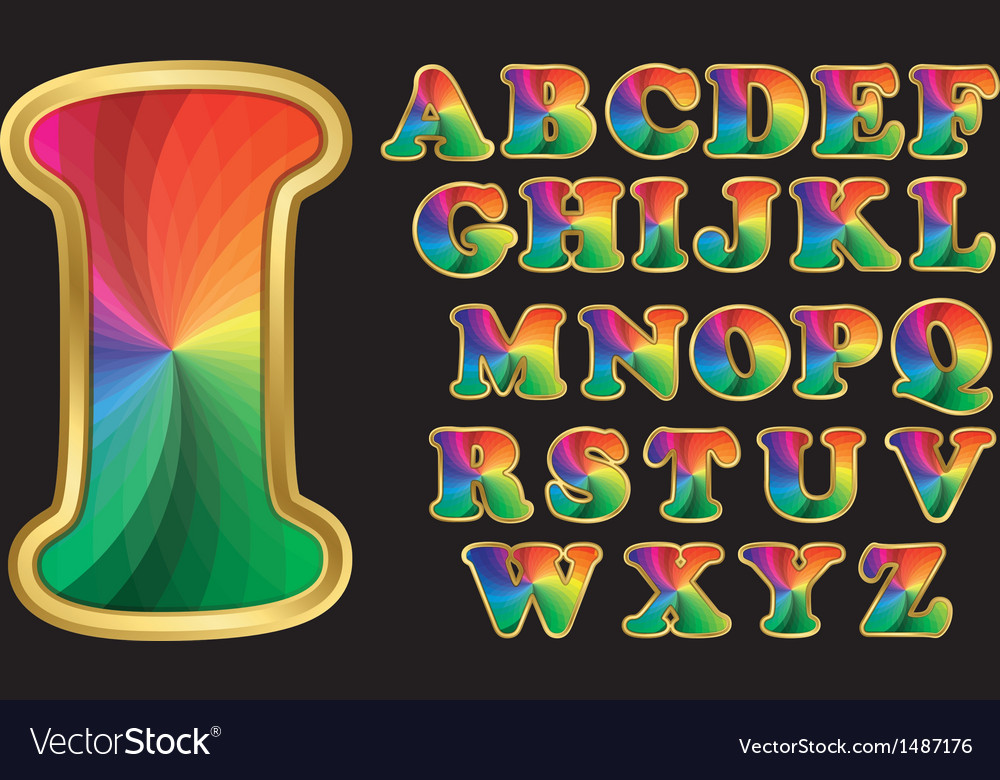 Colorful rainbow alphabet with golden frame lette Vector Image