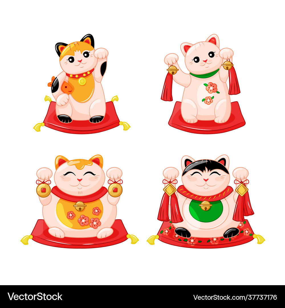 Japanese collection maneki neko cats Royalty Free Vector