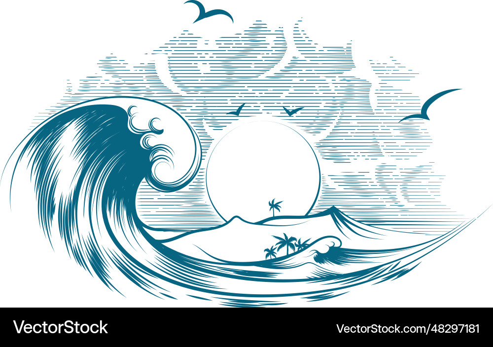 Big wave and island engraving sketch Royalty Free Vector