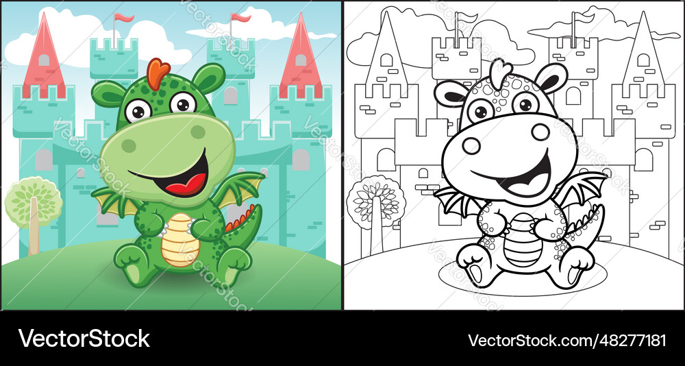 Funny dragon cartoon on castle background Vector Image