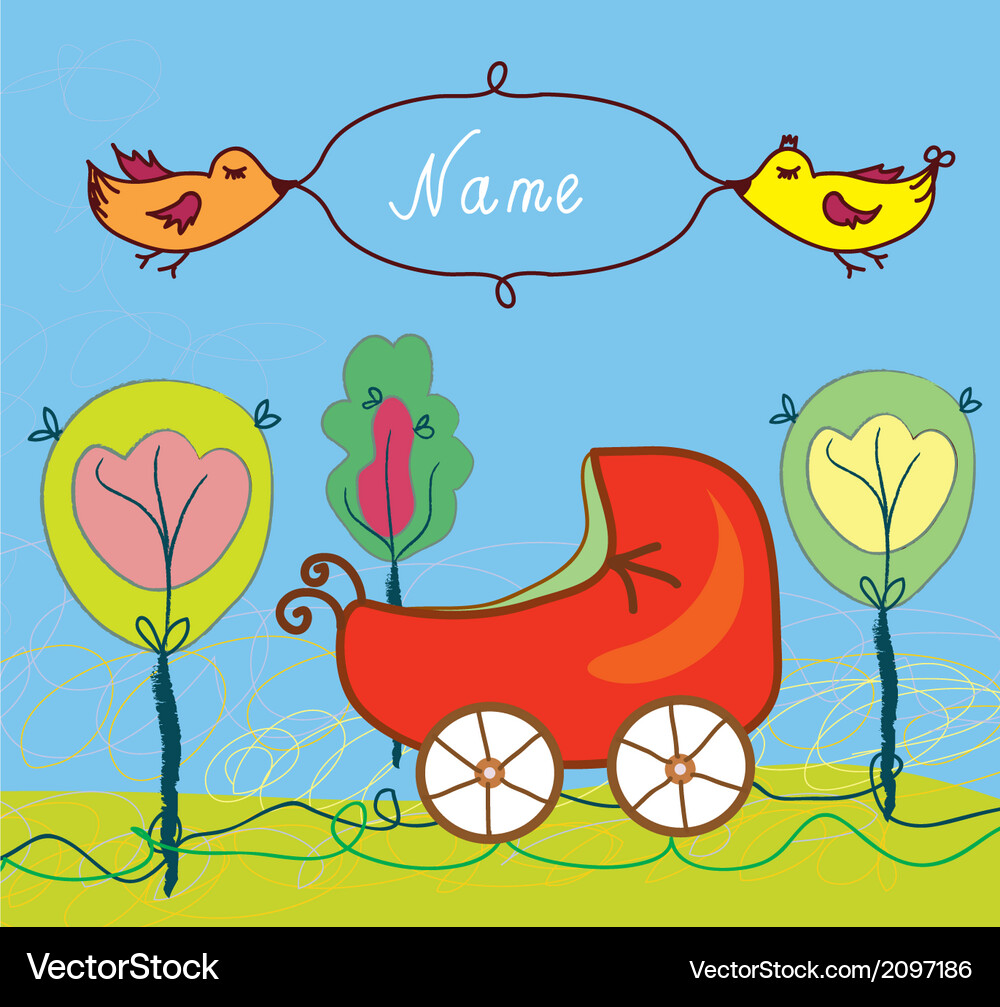Baby birth card with pram and trees frame Vector Image