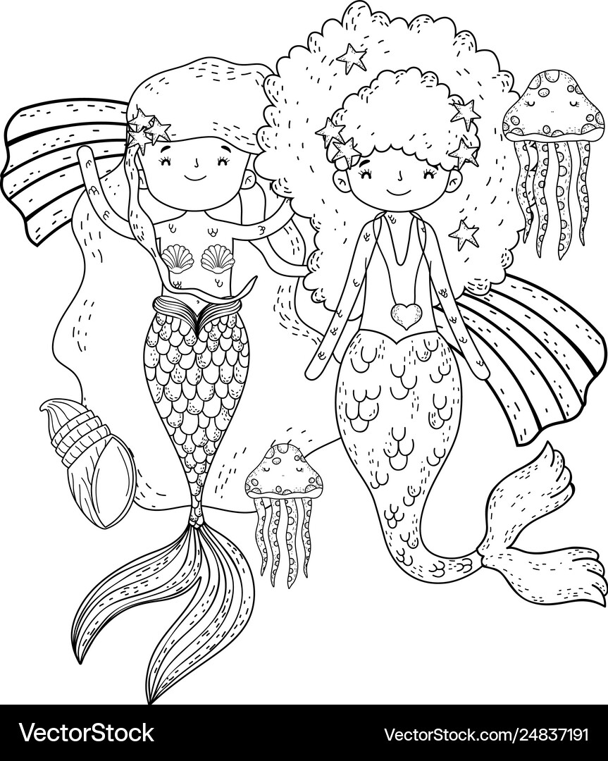 Couple mermaids with rainbow undersea Royalty Free Vector
