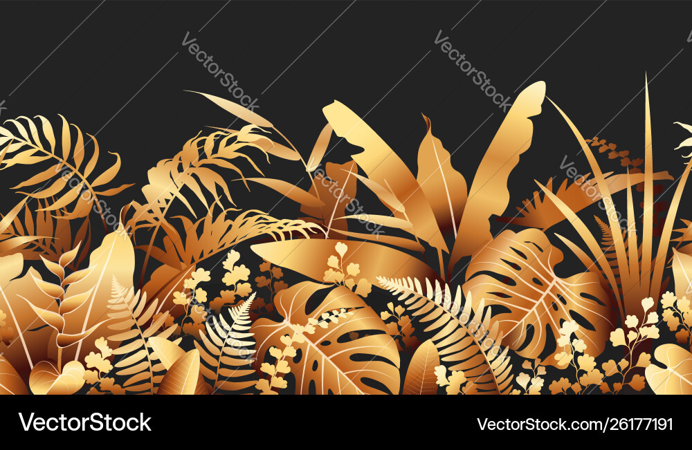Golden tropical plants seamless border Royalty Free Vector