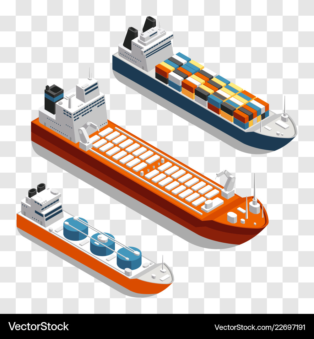 Modern cargo ships isometric design set of Vector Image
