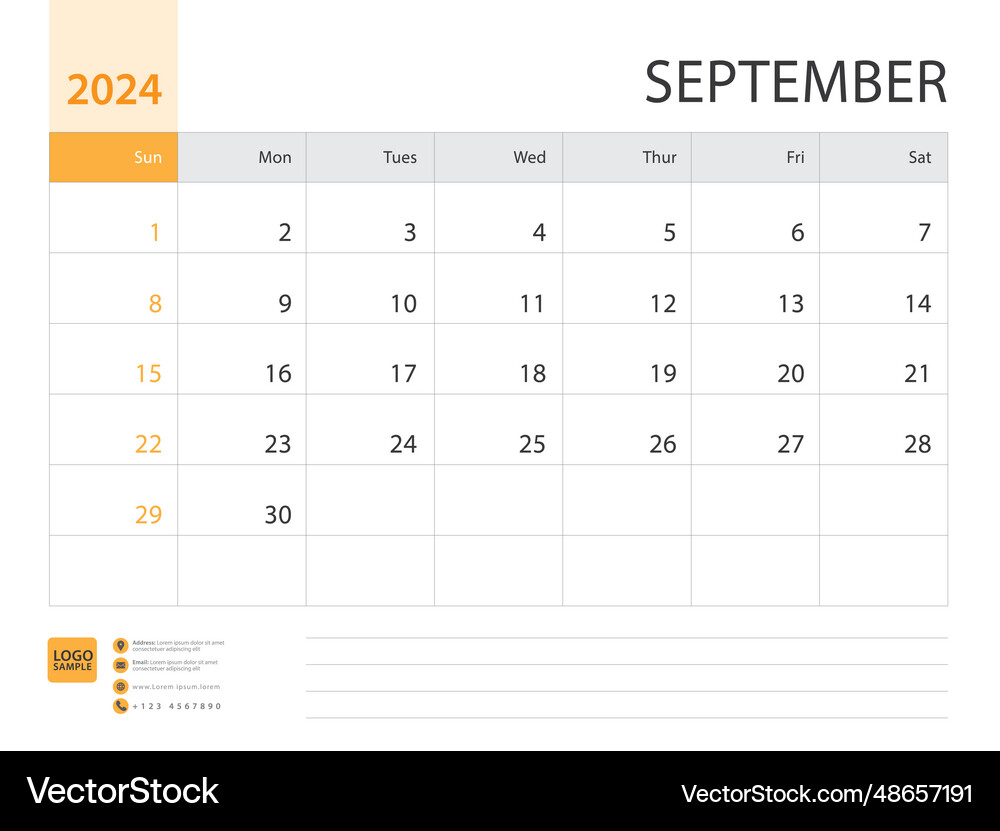 Monthly calendar template for 2024 year september Vector Image