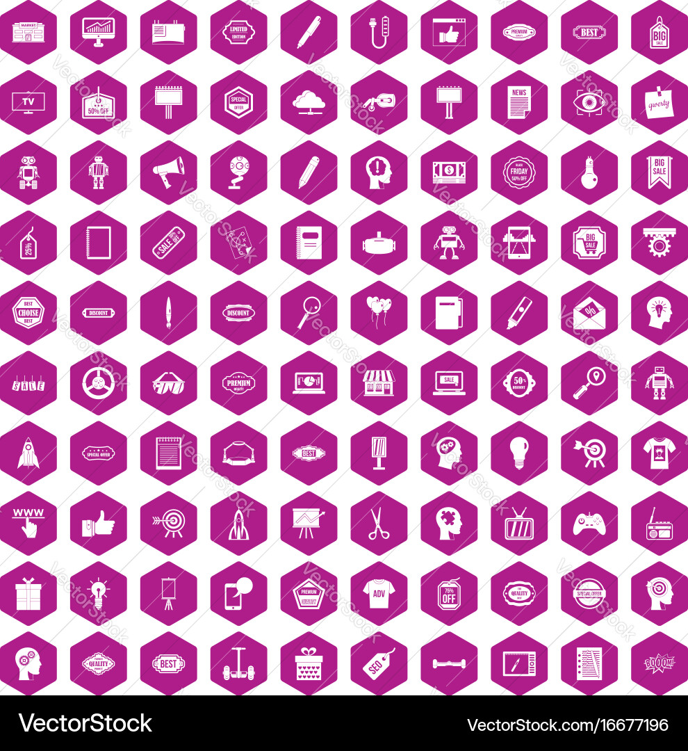 100 creative marketing icons hexagon violet Vector Image