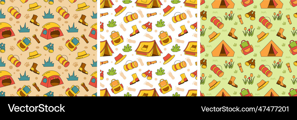 Set of summer camp seamless pattern design Vector Image