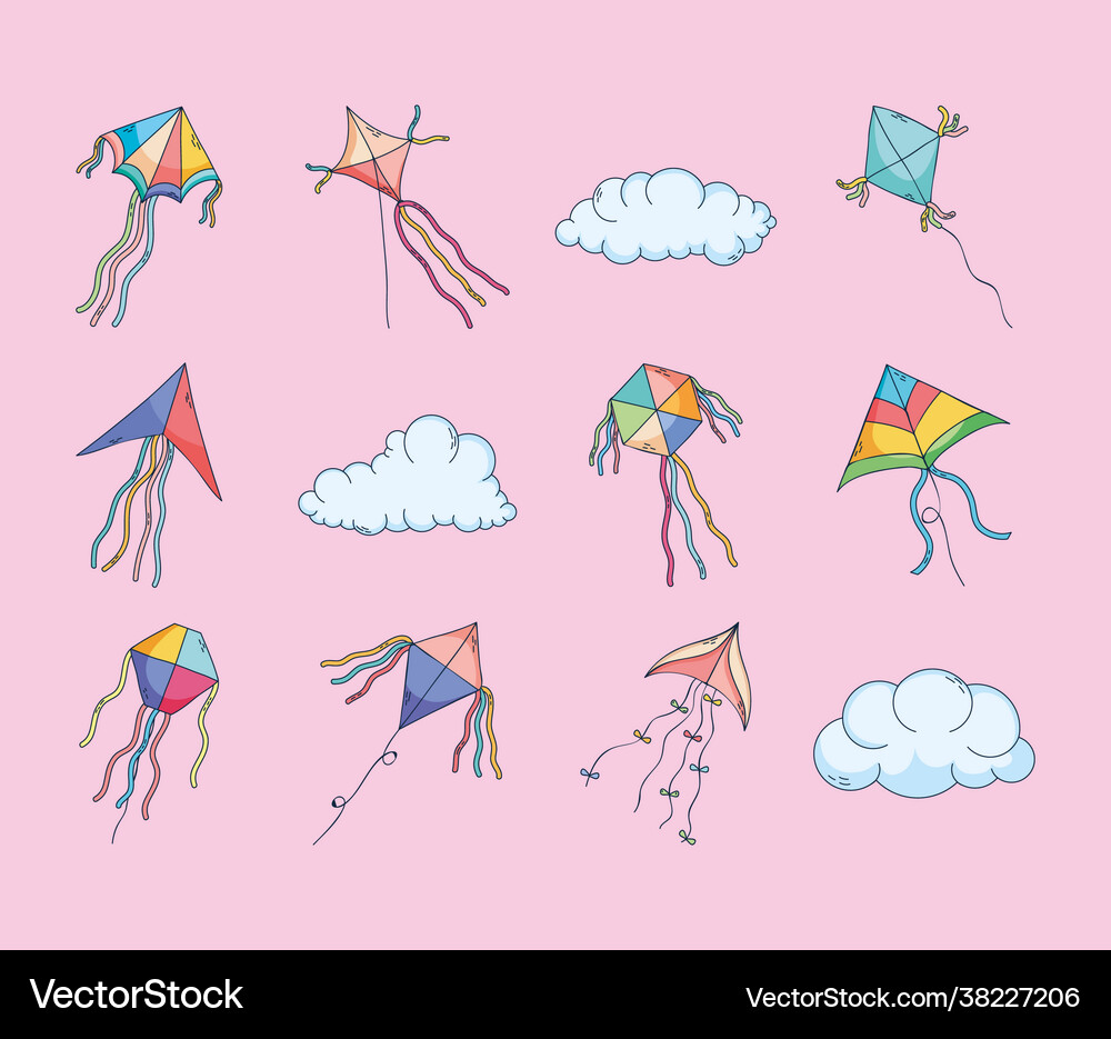 Kites and clouds set Royalty Free Vector Image