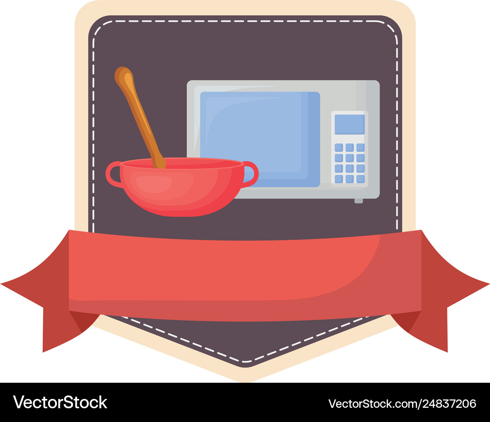 Microwave bowl with spoon banner emblem Royalty Free Vector