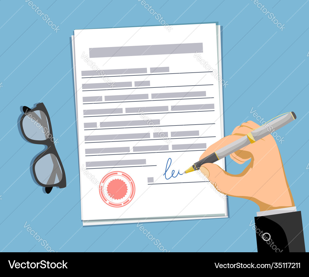 Man signs a business contract paper document Vector Image