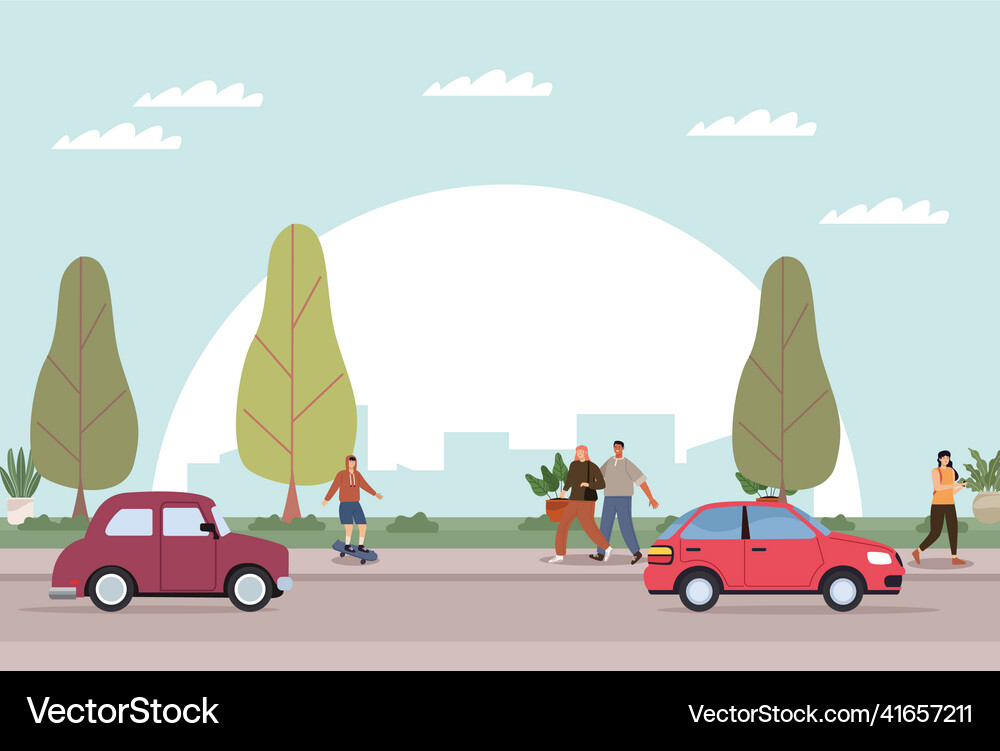Persons walking and cars Royalty Free Vector Image