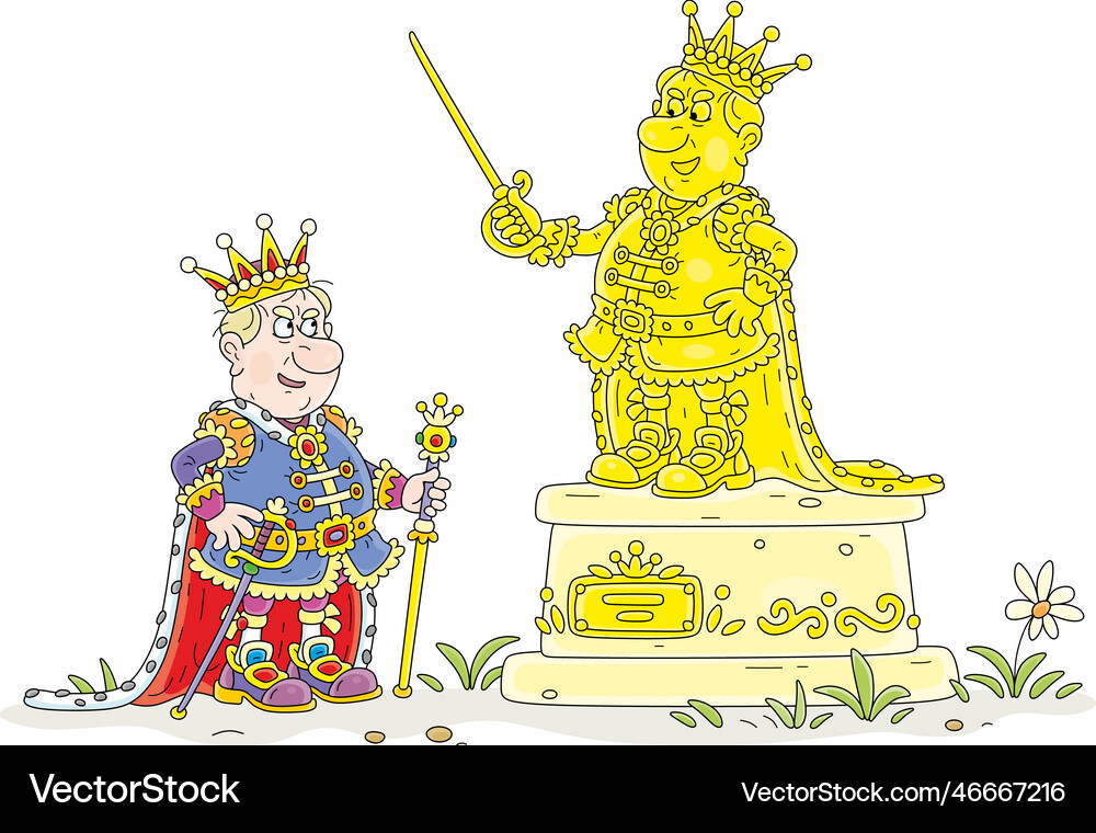 Angry king and his golden statue Royalty Free Vector Image