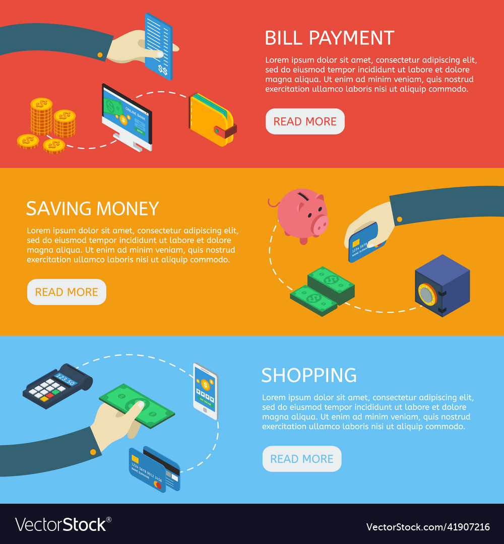 Atm isometric horizontal banners set Royalty Free Vector Atm isometric horizontal banners set Royalty Free Vector