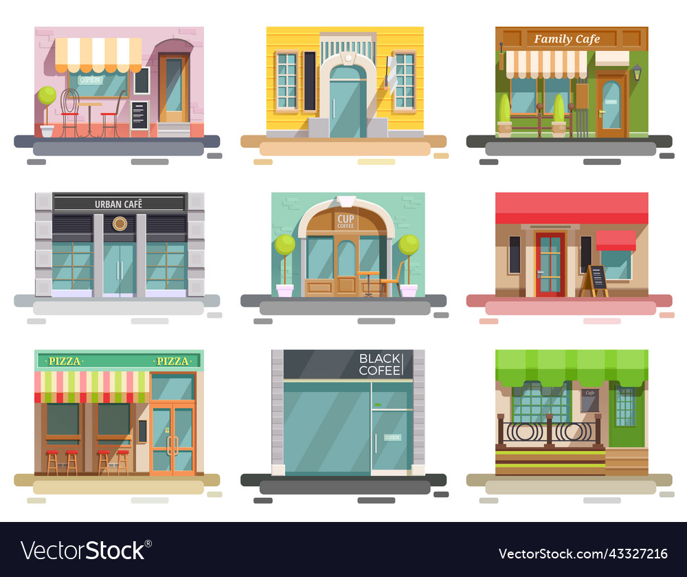 Cafe storefront flat set Royalty Free Vector Image