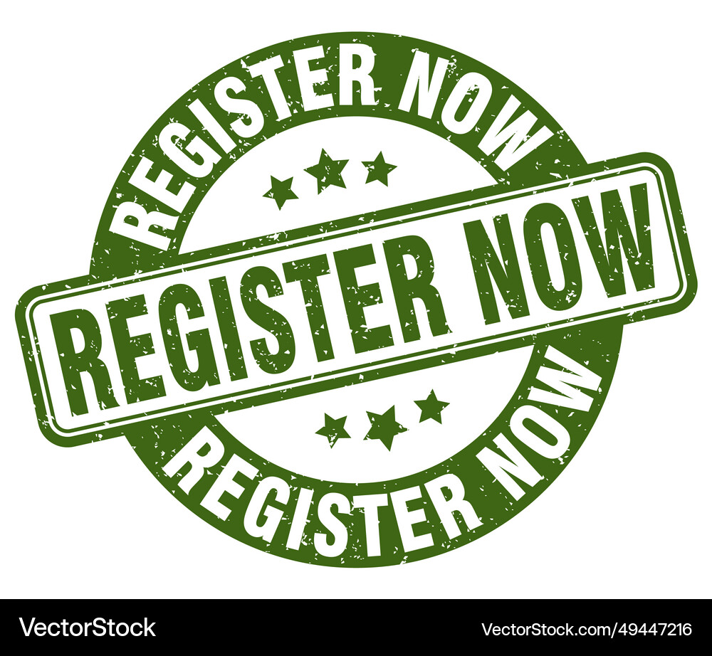 Register now stamp register now label round Vector Image