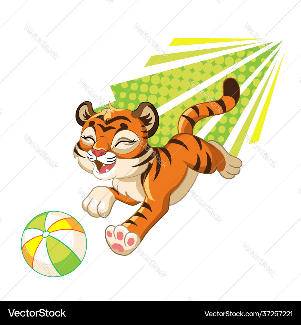 Cute jumping tiger with ball cartoon character Vector Image
