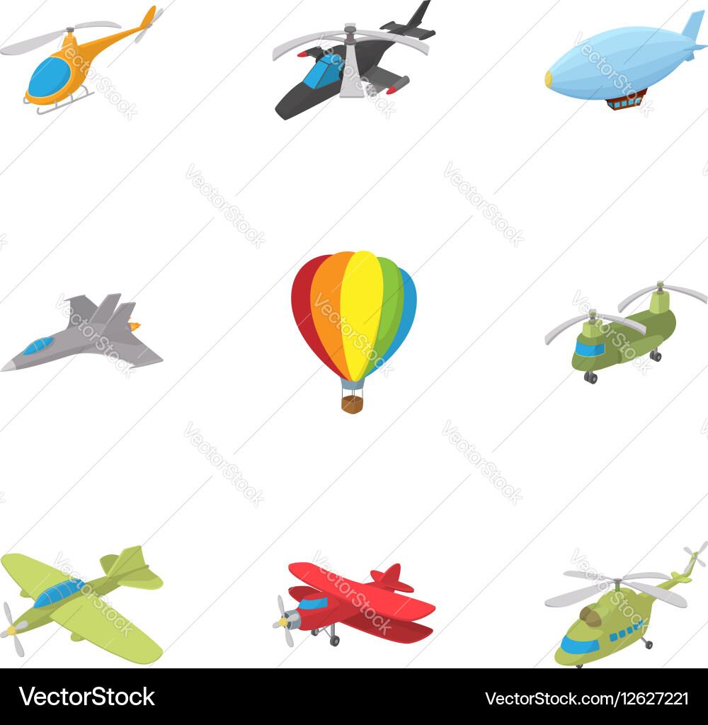 Flying vehicles icons set cartoon style Royalty Free Vector