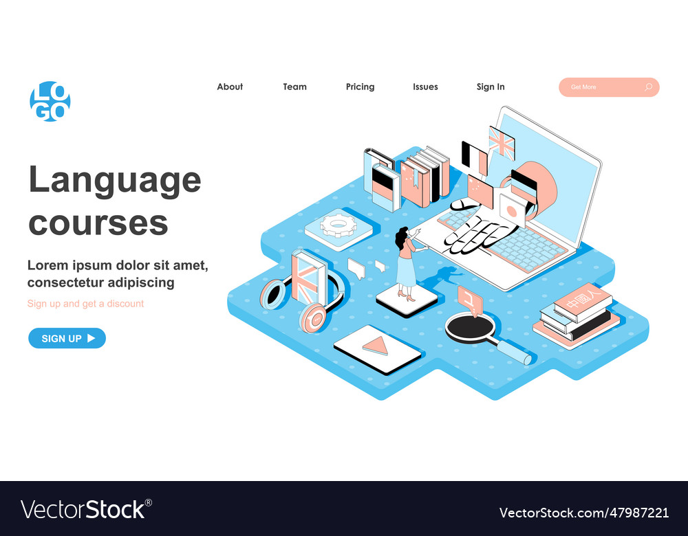 Language course isometric concept student learns Vector Image