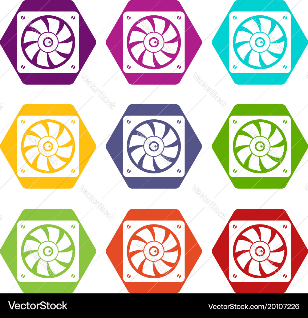 Computer fan icon set color hexahedron Royalty Free Vector