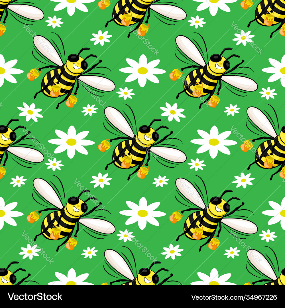 Seamless pattern with bees and flowers Royalty Free Vector