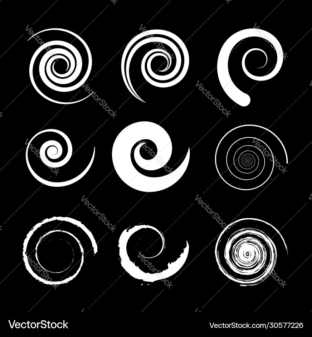 Set white spiral shapes on a black background Vector Image