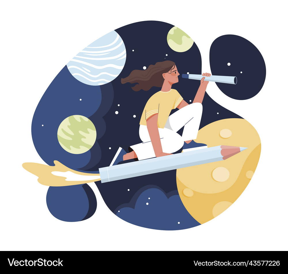 Woman flying with pencil Royalty Free Vector Image